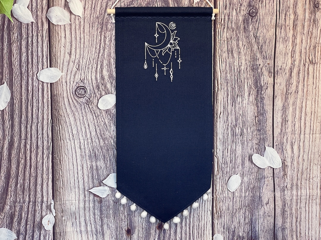 BLUE Enamel Pin Banner With Moon Embroidery and Pom Pom Trim, Canvas ...