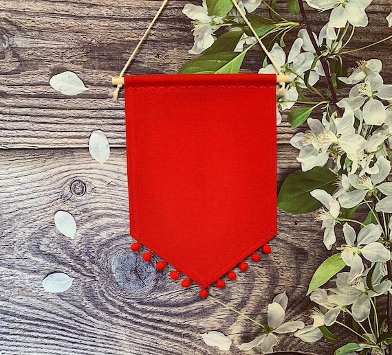 Red Color Pin Display Banner With Colorful Pom Pom Trim / | Etsy