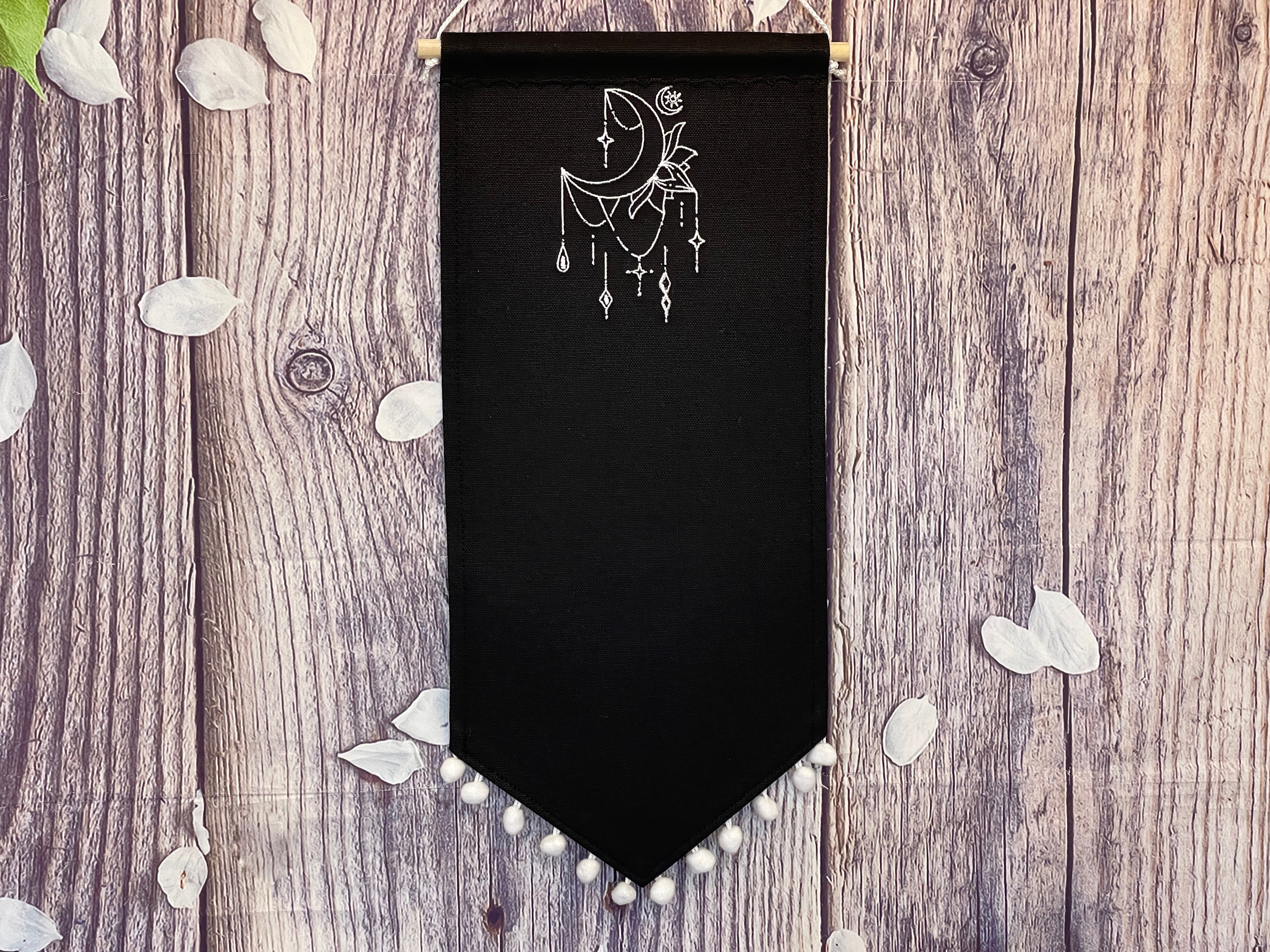 BLACK Enamel Pin Banner With Flower and Moon Embroidery and - Etsy