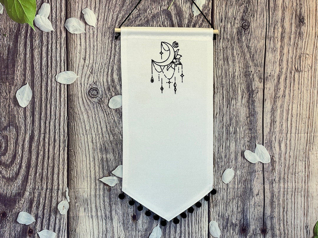 Enamel Pin Banner With Flower and Moon Embroidery and Pompom Trim ...