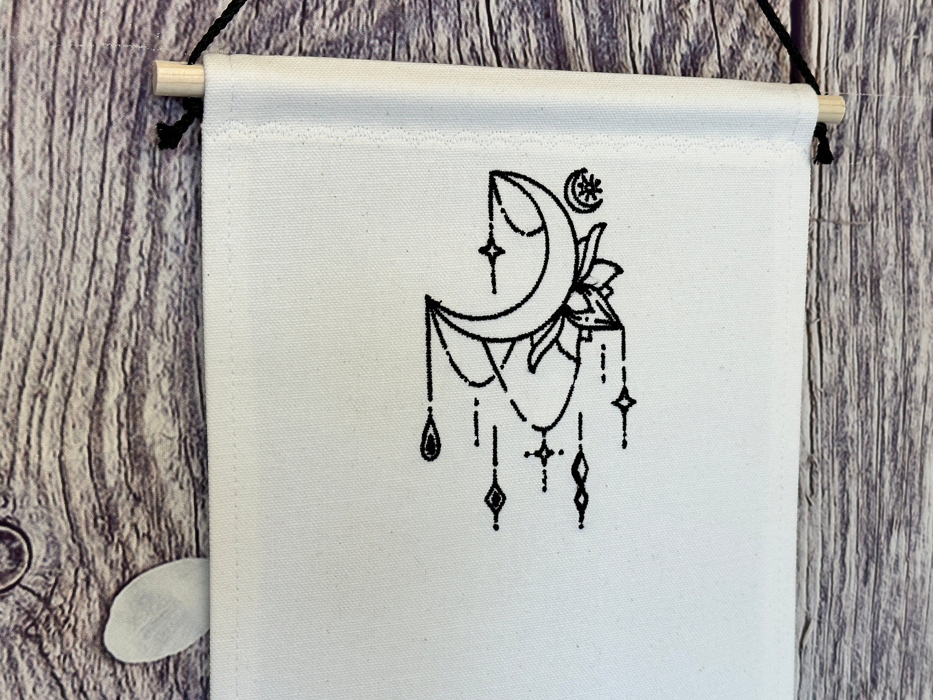 Enamel Pin Banner With Flower and Moon Embroidery and Pompom Trim ...
