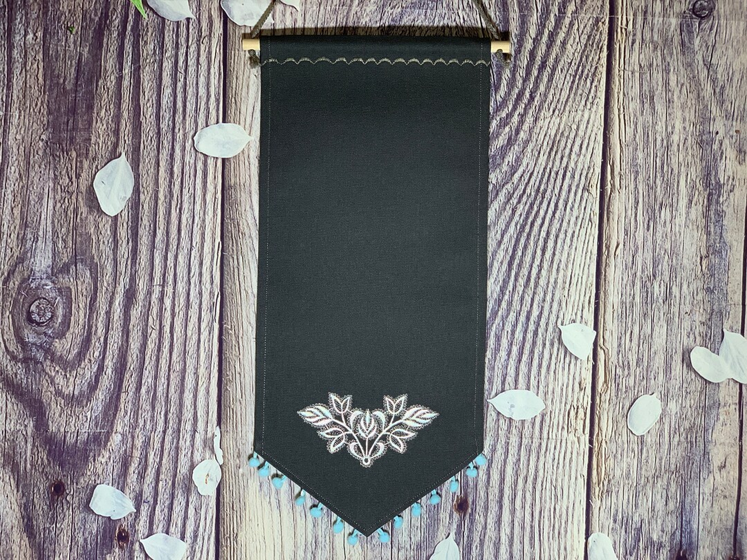 Enamel Pin Banner With Flower Embroidery and Pompom Trim, Canvas Pin ...