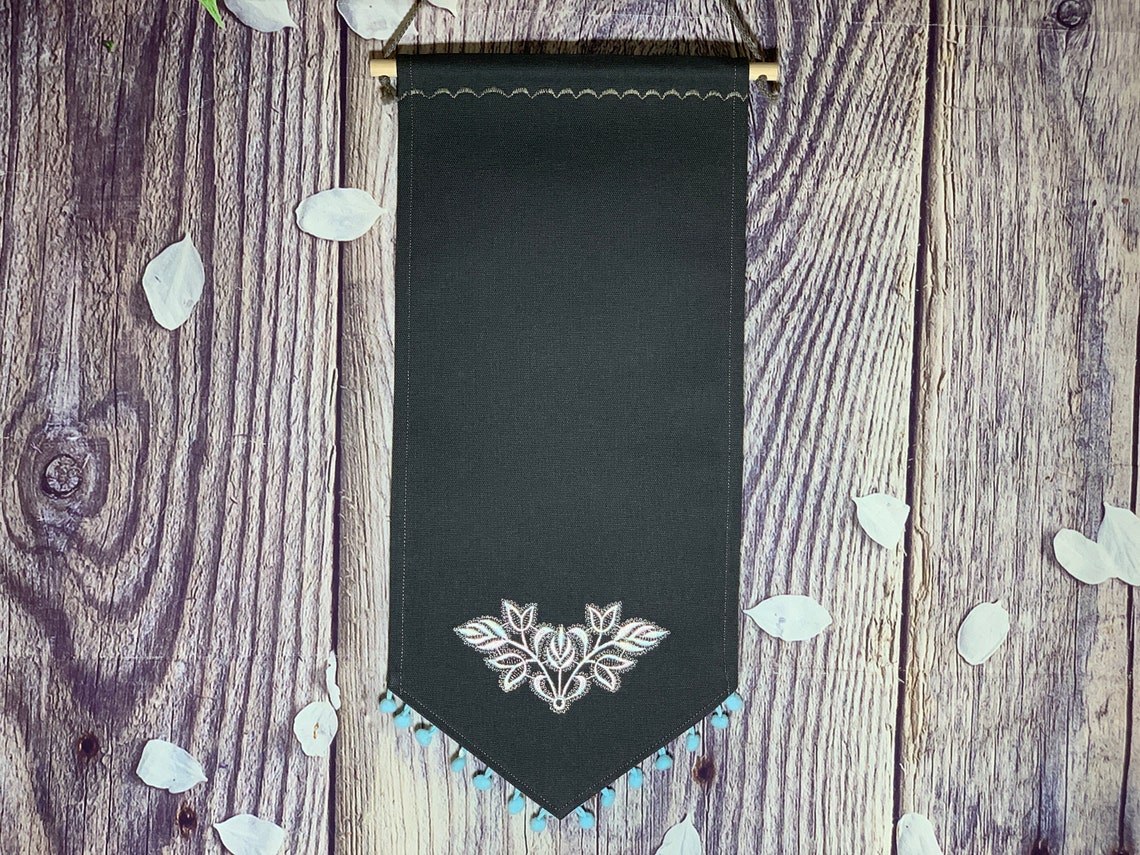 Enamel Pin Banner With Flower Embroidery and Pompom Trim | Etsy