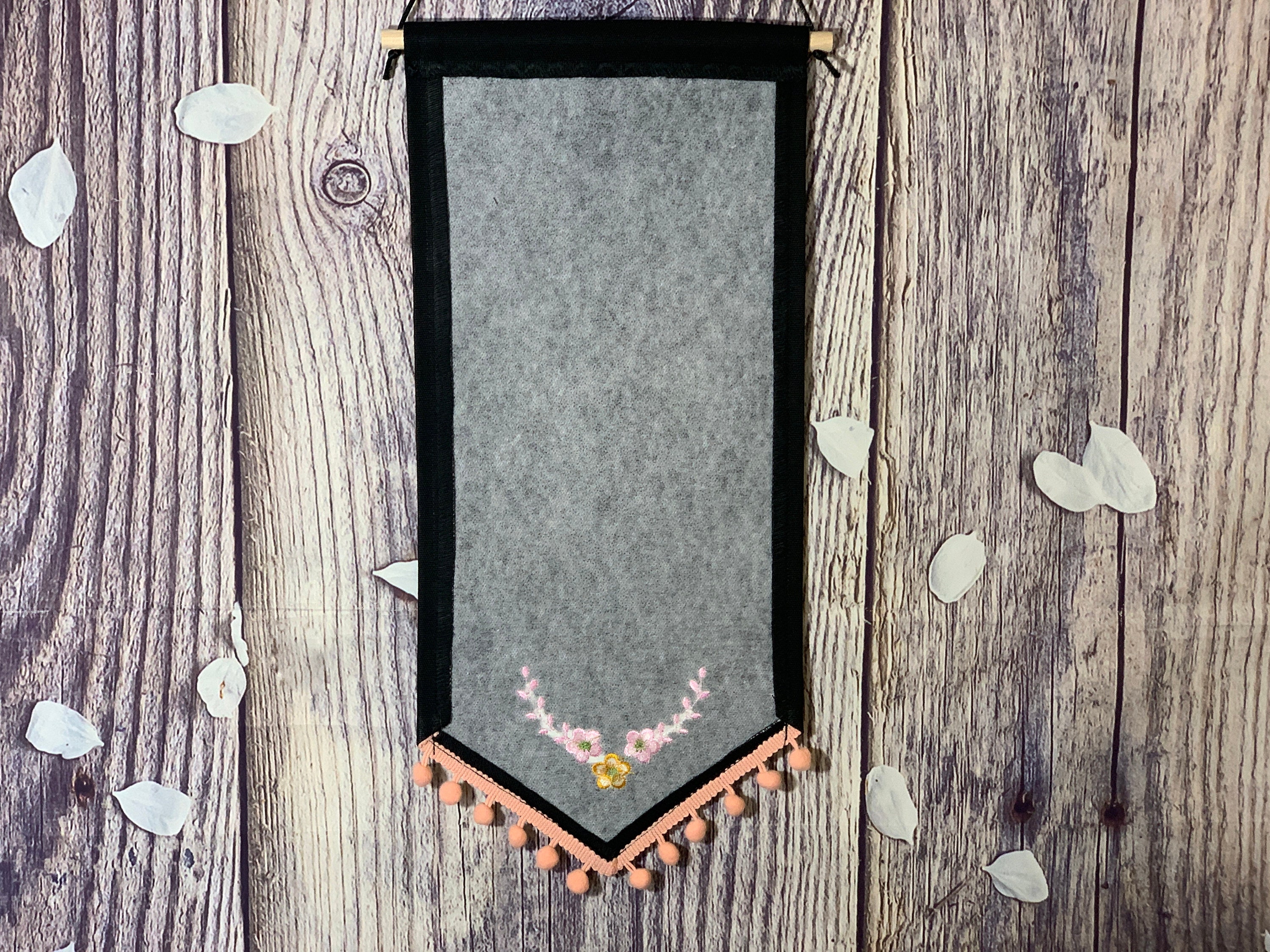 Enamel Pin Banner With Flower Embroidery and Pompom Trim | Etsy