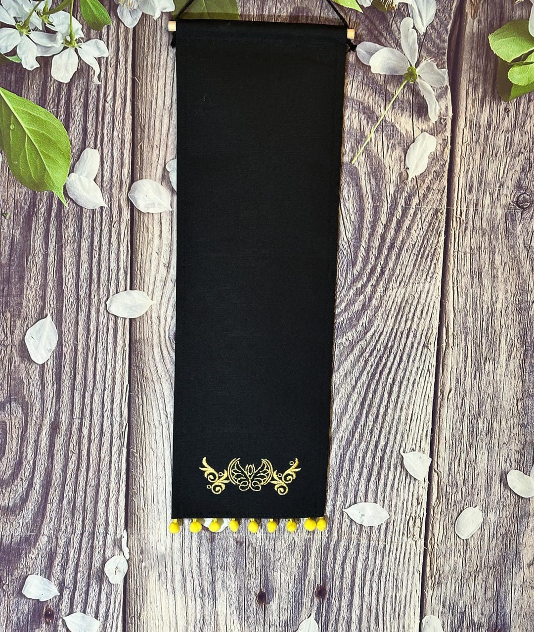 Black Enamel Pin Banner With Beautiful Embroidery and Matching Pompoms ...