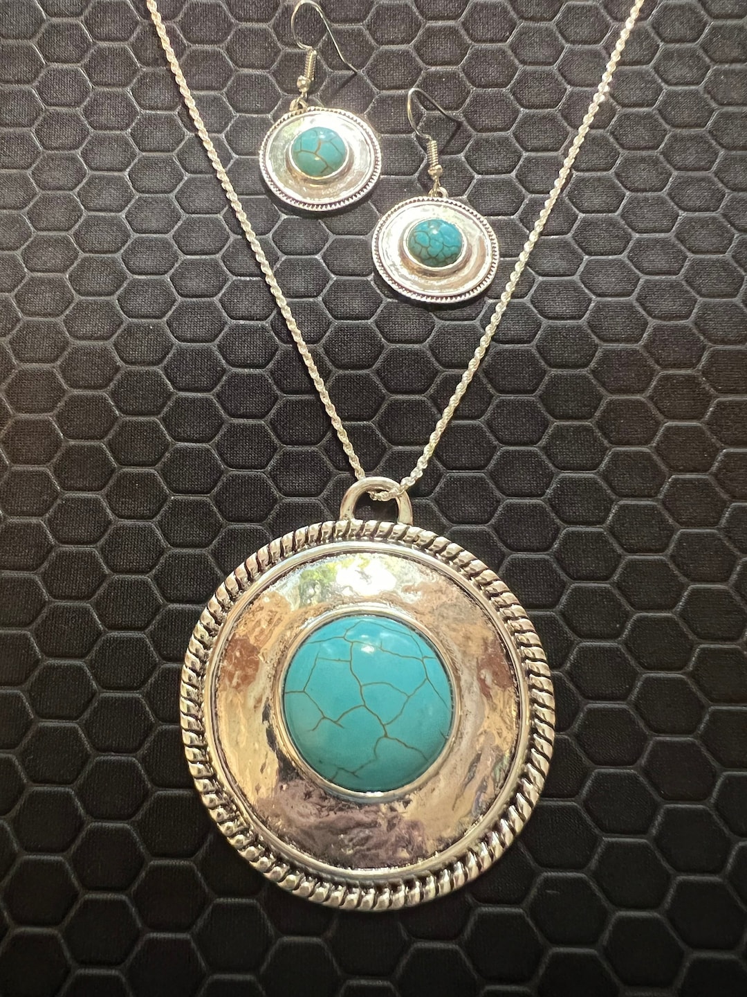 Turquoise Necklace and Earring Set Beveled and Made of Sterling Silver ...