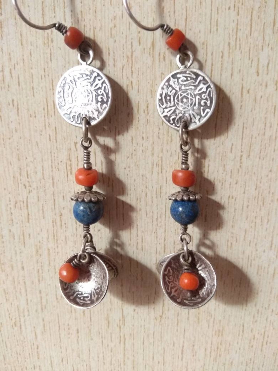 Moroccan Silver Berber Earrings With Coins and Old Coral and - Etsy