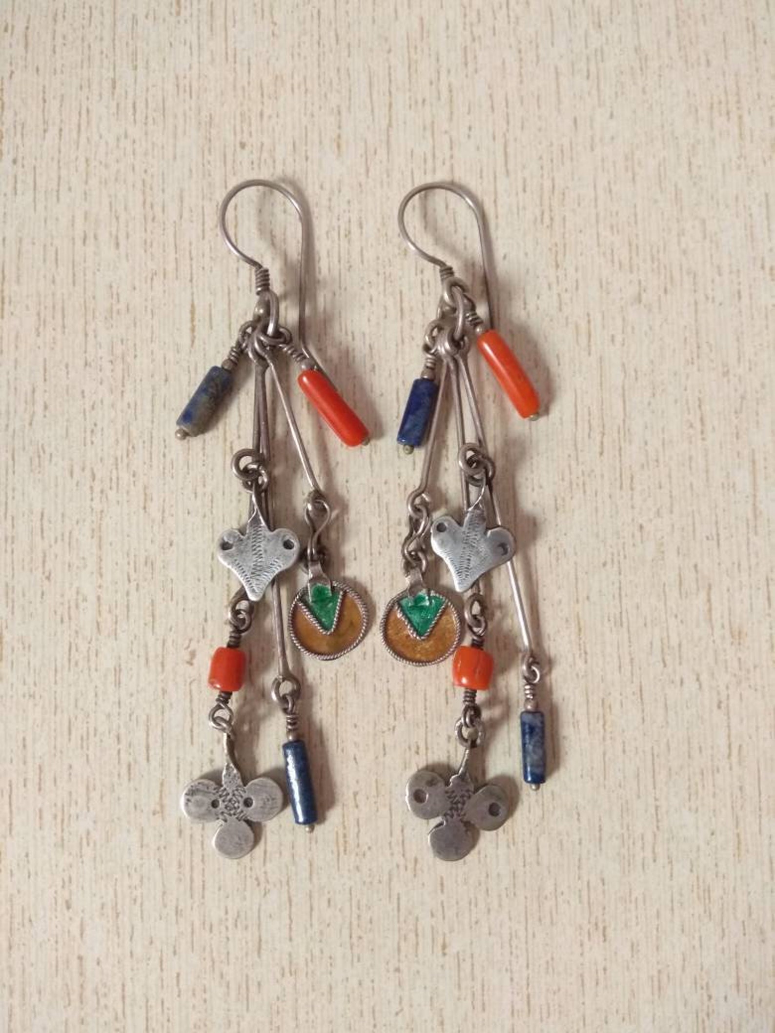 Moroccan Silver Berber Earrings, With Old Coral and Natural Lapis ...