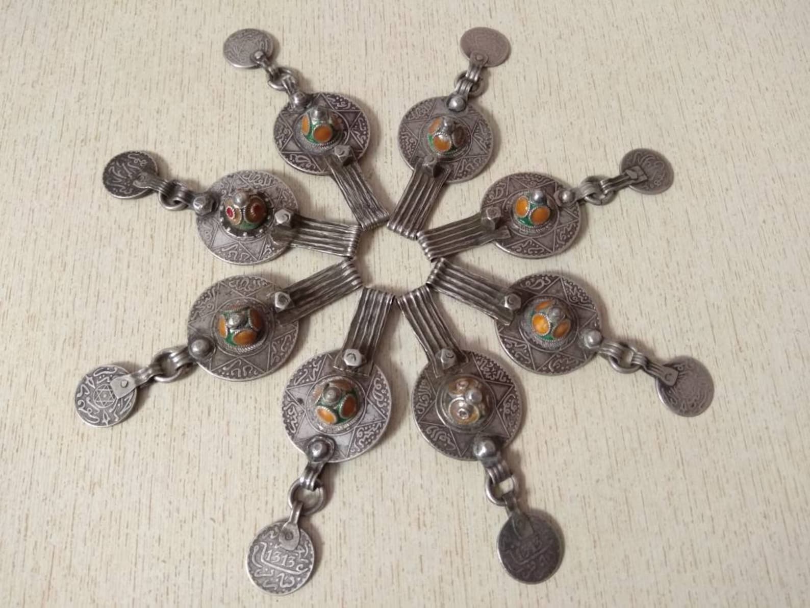 Set of 8 Antique Silver Berber Coins Pendants From Morocco With Enamel ...