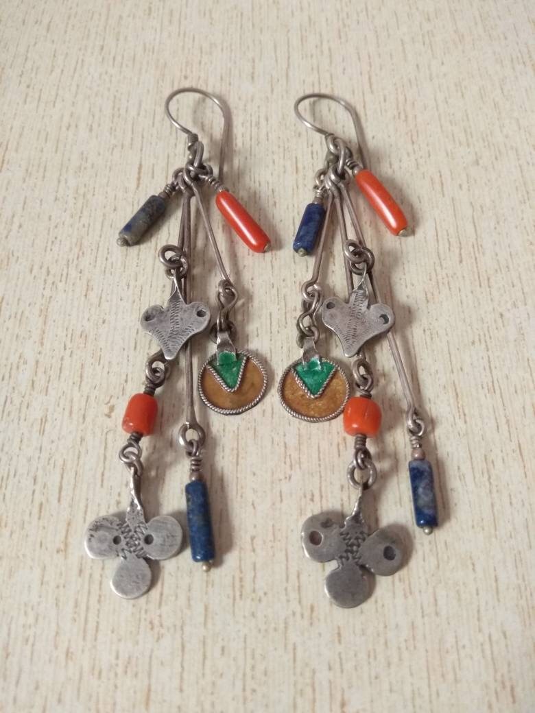 Moroccan Silver Berber Earrings, With Old Coral and Natural Lapis ...
