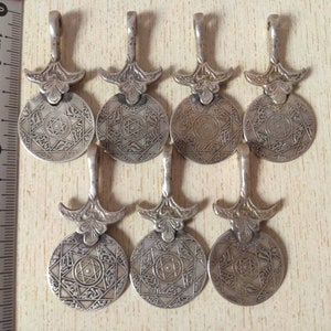 Set of 7 Antique Silver Berber Coins Pendants From Morocco, Old Silver ...