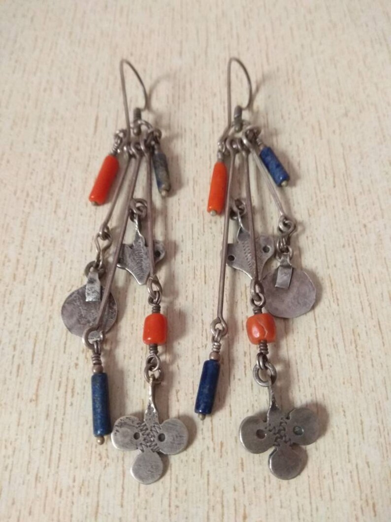 Moroccan Silver Berber Earrings, With Old Coral and Natural Lapis ...