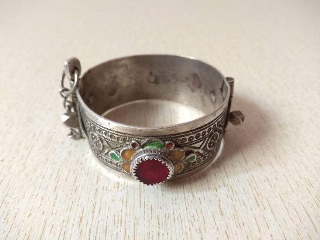 Antique Moroccan Silver Berber Bracelet With Enamel and Glass, Moroccan ...