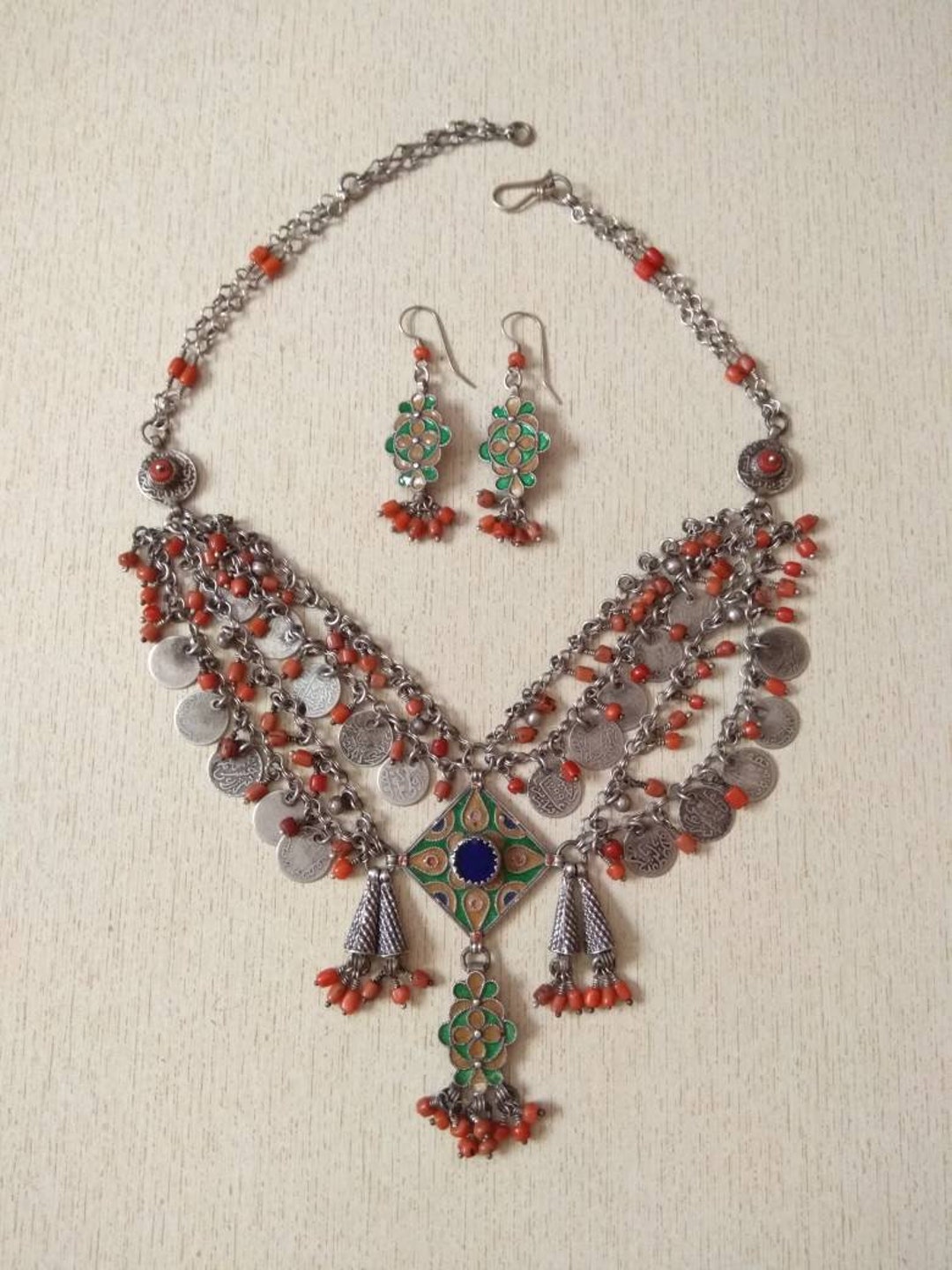 Antique Silver Berber Necklace & Earrings From Morocco With Old Silver ...