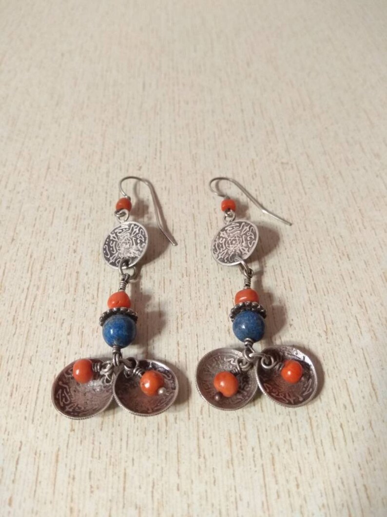 Moroccan Silver Berber Earrings, With Coins and Old Coral and Natural ...