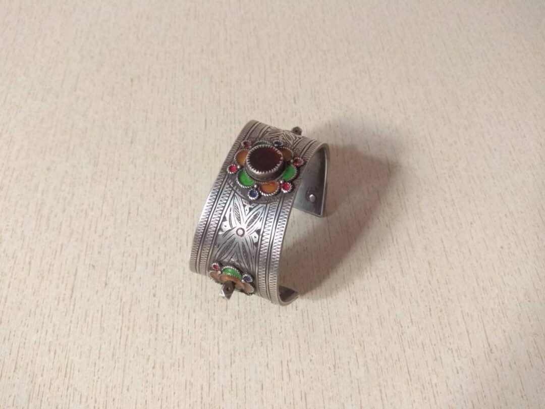 Moroccan Silver Berber Bracelet From With Enamel and Glass, Ethnic ...