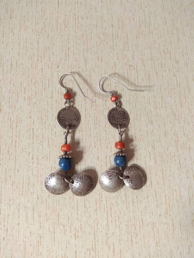 Moroccan Silver Berber Earrings, With Coins and Old Coral and Natural ...