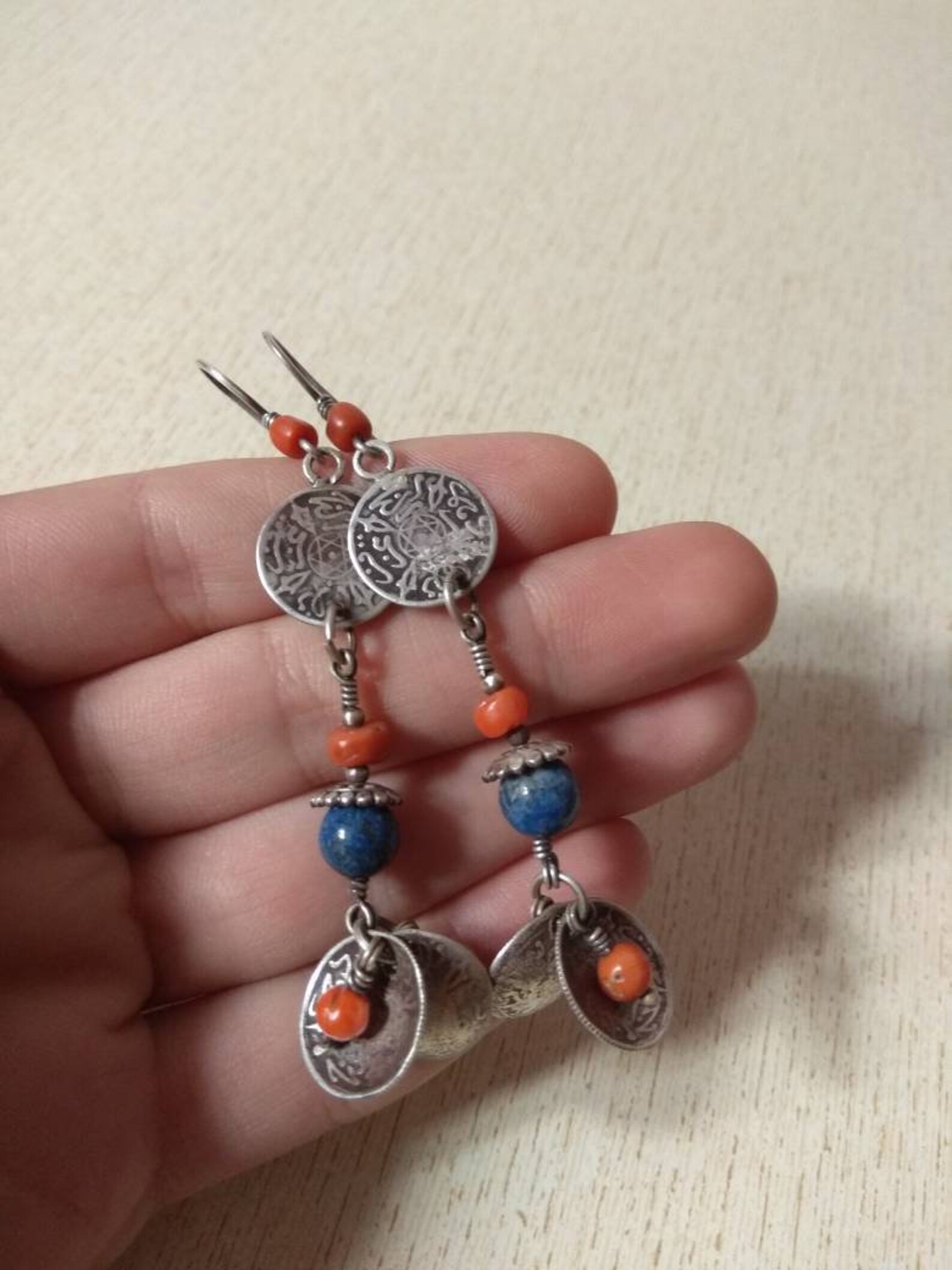 Moroccan Silver Berber Earrings With Coins and Old Coral and - Etsy