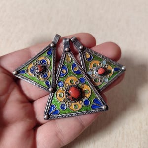 Set of 3 Moroccan Silver Berber Pendants With Enamel and Old Coral ...