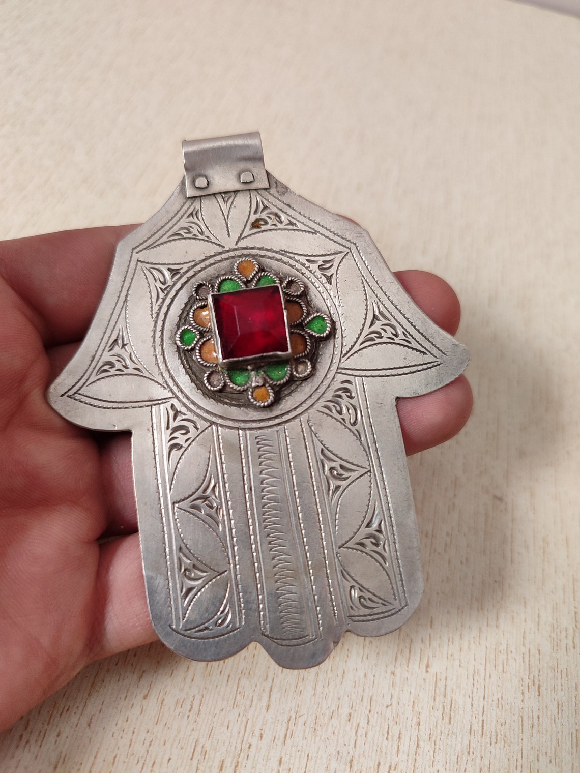 Antique Silver Berber Khamsa Pendant: Moroccan Enamel Glass Amulet - Etsy