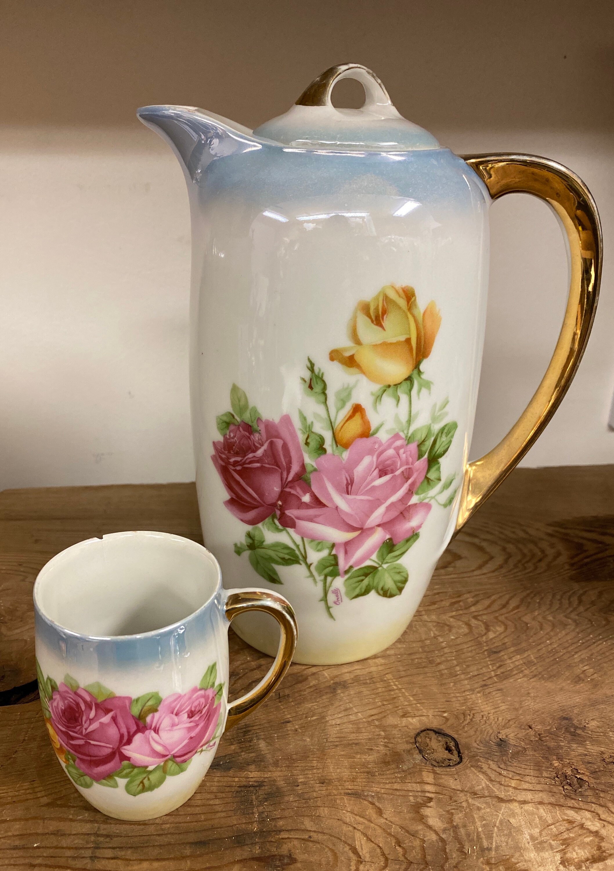Stunning Antique Tea Coffee Chocolate Pitcher With Pink and - Etsy
