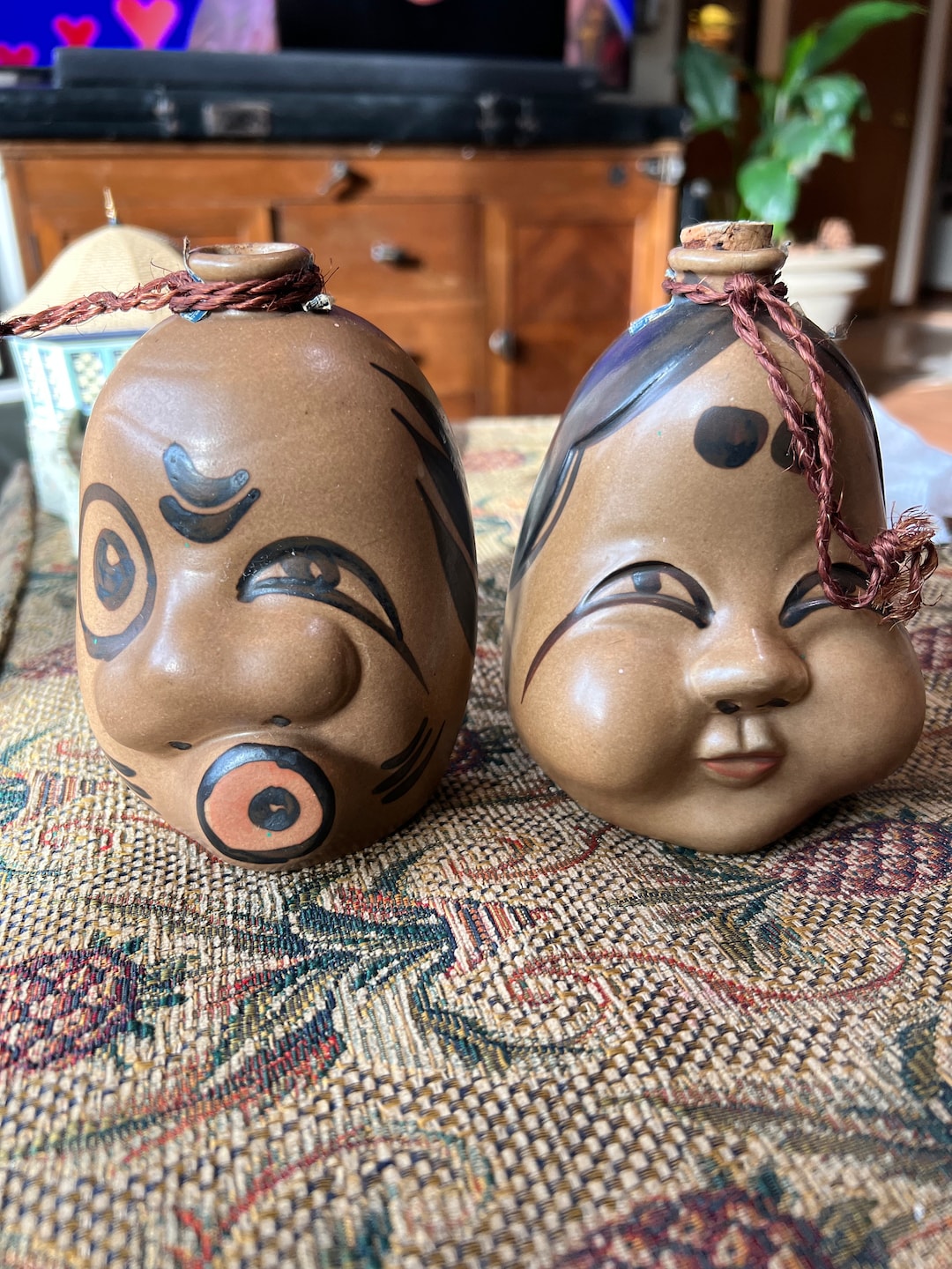 Fabulous Pair of 2 Ceramic Saki Jug of Smiling Otafuku & Smoking Man - Etsy