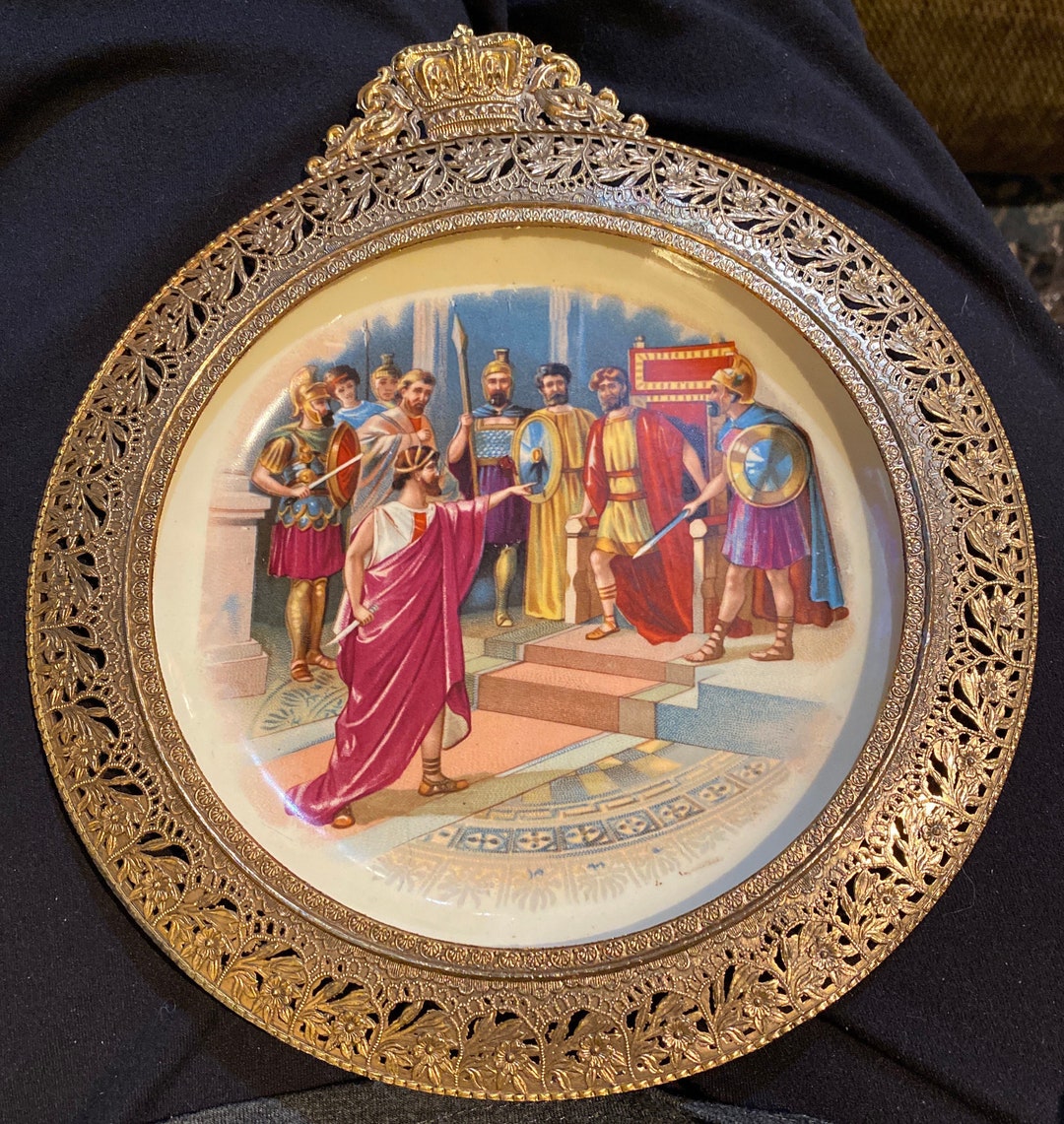 Beautiful Antique 9” Plate of Caesar and Gladiators With Gorgeous Metal ...