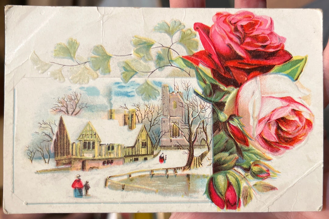 Beautiful Antique Embossed Pink Roses Winter Scene Postcard Early 1900s ...