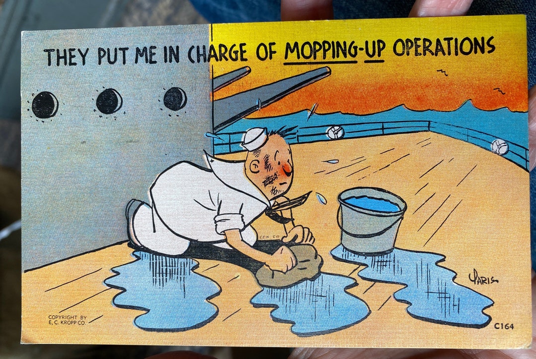 Silly Antique Linen Postcard Navy Sailor Mopping Swabbing the Deck 1951 ...
