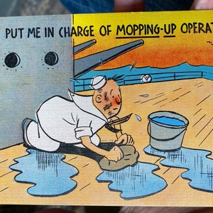 Silly Antique Linen Postcard Navy Sailor Mopping Swabbing the Deck 1951 ...