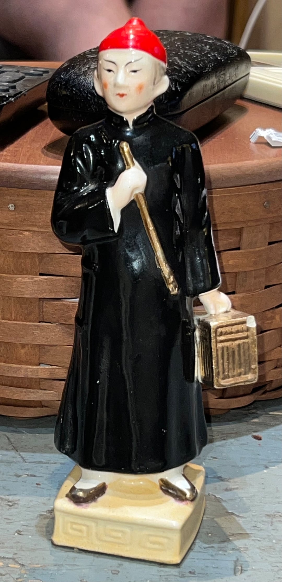 Cool Vintage Porcelain Asian Man in Mandarin Style Coat Carrying Box ...