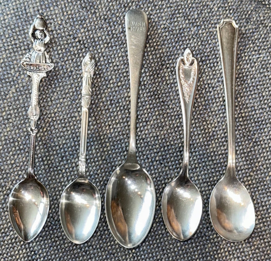 Collection of 5 Antique Vintage Silver Sugar Salt Souvenir Spoons Bush ...