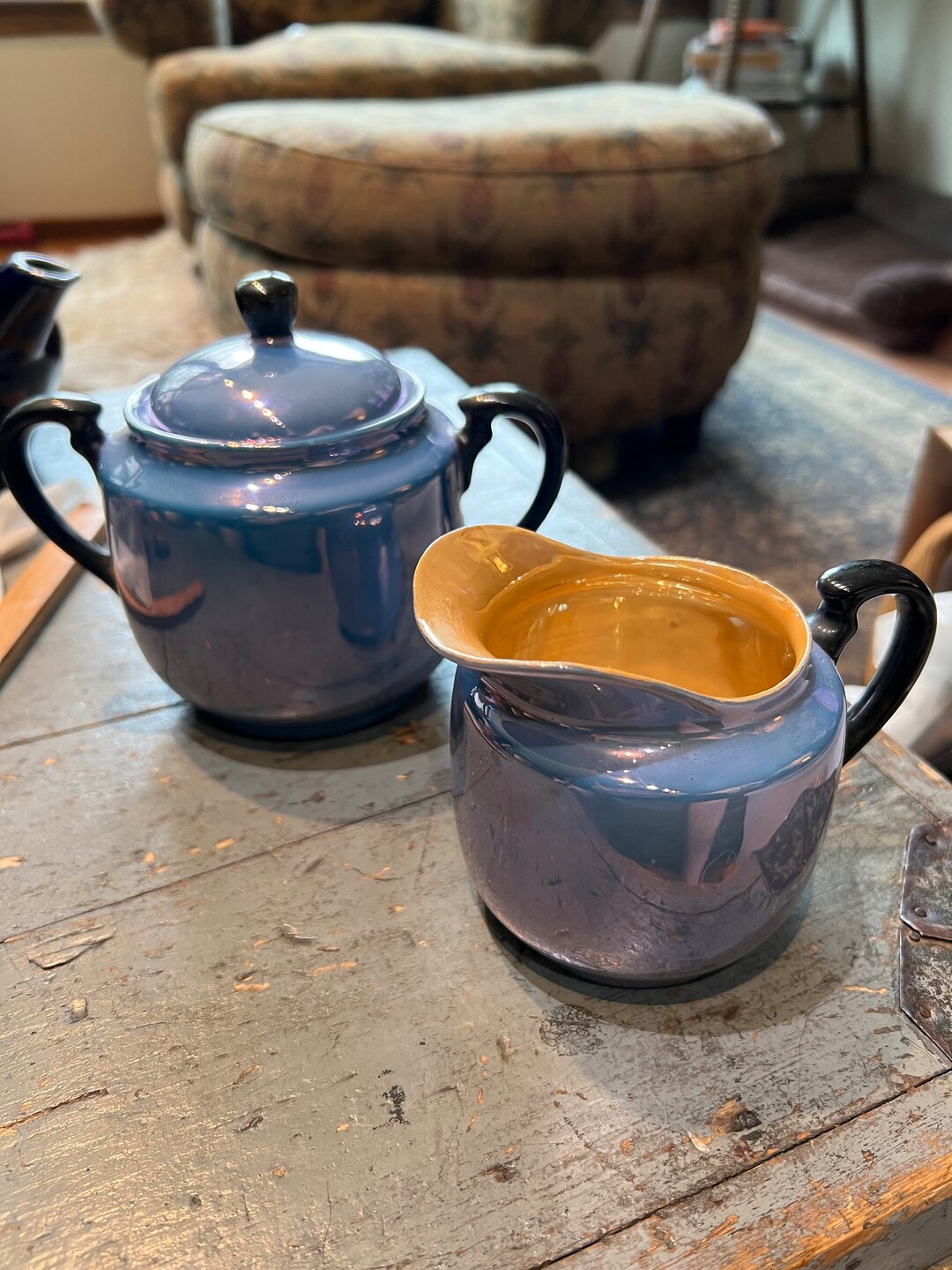 Lovely Pair of 2 Antique Lusterware Caramel / Peach, Blue & Black ...