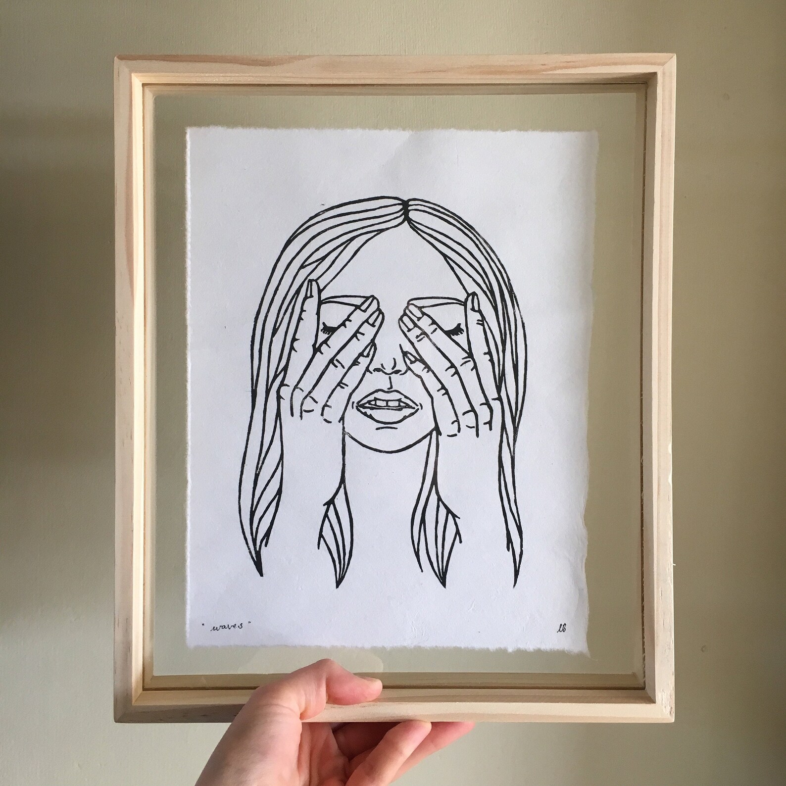 Waves Lino Print Portrait Linocut Woman Emotion Wall - Etsy