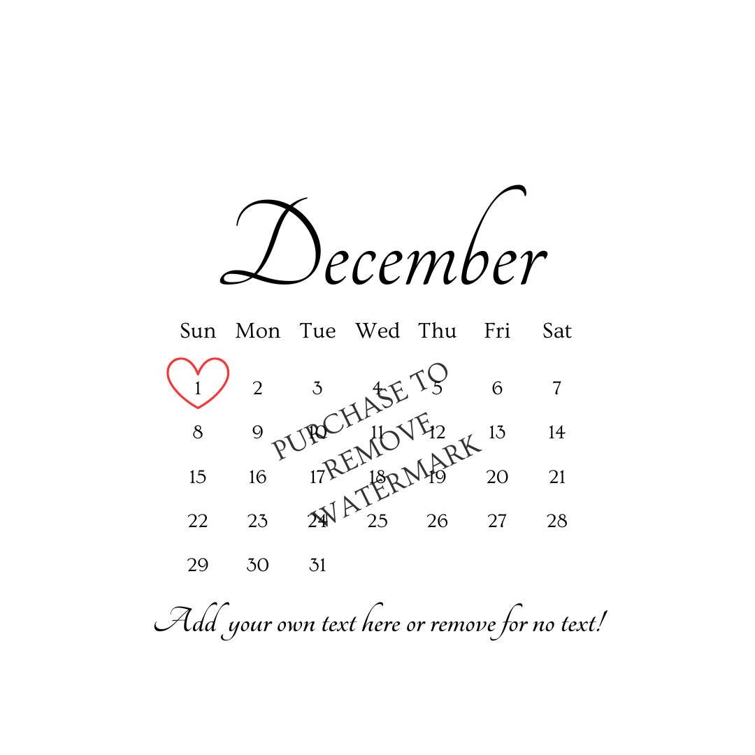 December 2024 Calendar for Cake Topper Heart Circle or Square Cake Burn ...