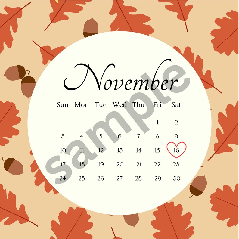 November 2024 Calendar for Cake Topper Heart Circle or Square Cake Burn ...