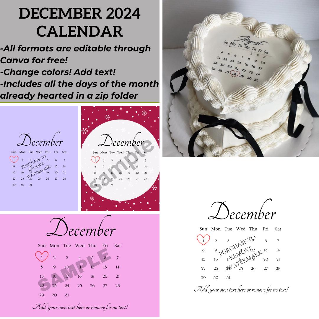 December 2024 Calendar for Cake Topper Heart Circle or Square Cake Burn ...