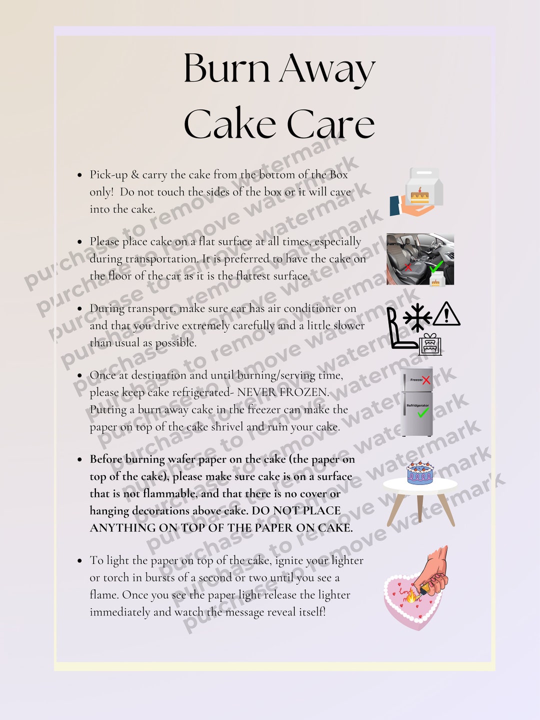 BURN AWAY Cake Care Card PDF Pamphlet Printable - Etsy
