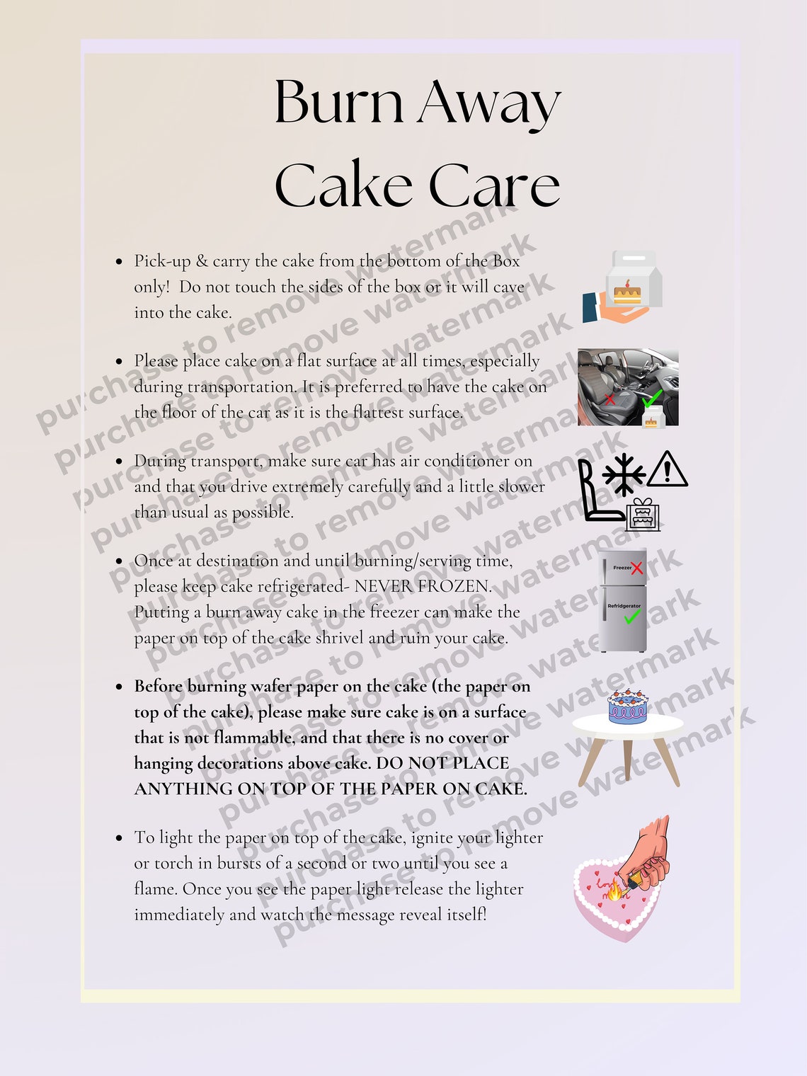 BURN AWAY Cake Care Card PDF Pamphlet Printable - Etsy