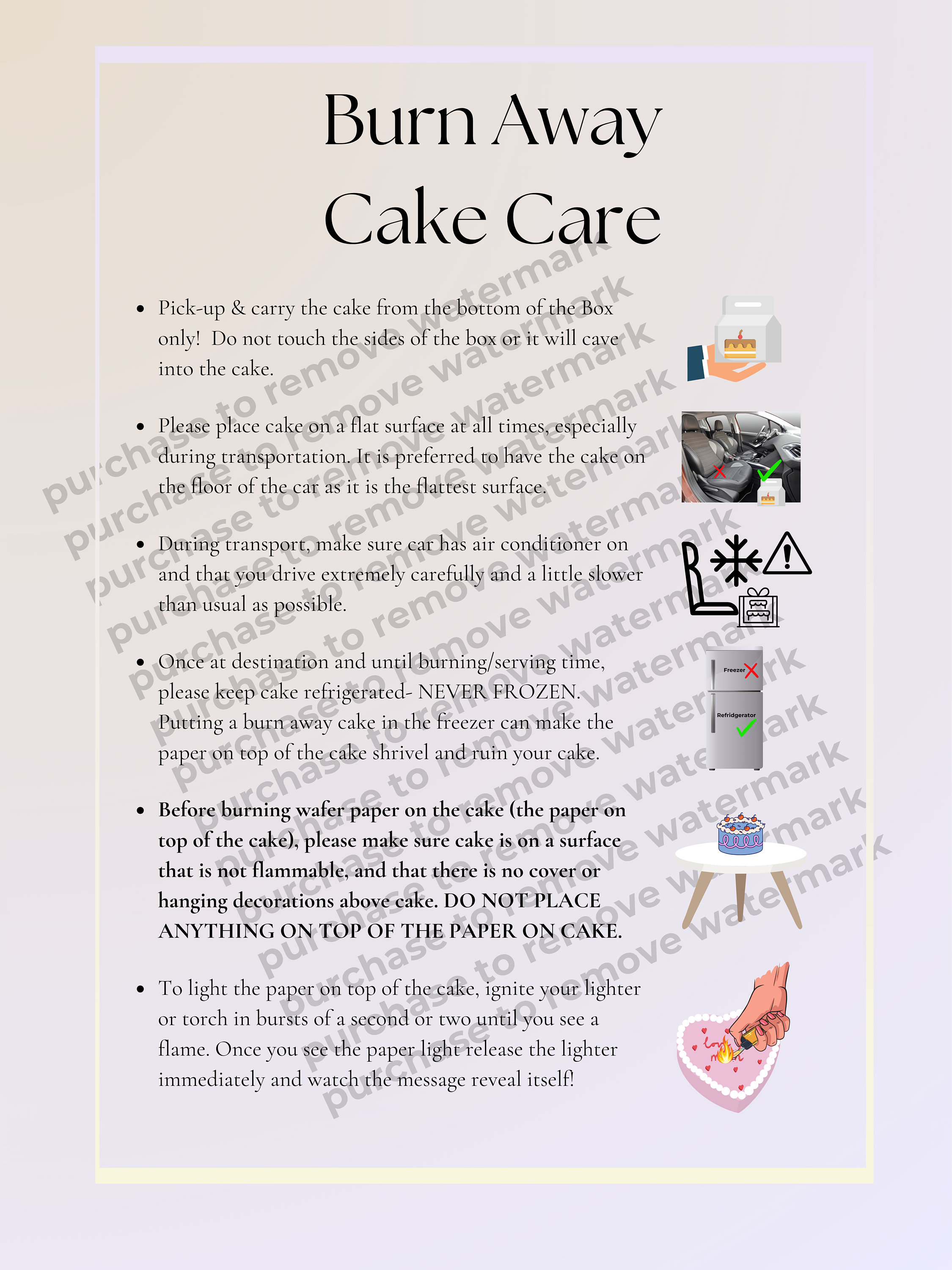 BURN AWAY Cake Care Card PDF Pamphlet Printable - Etsy