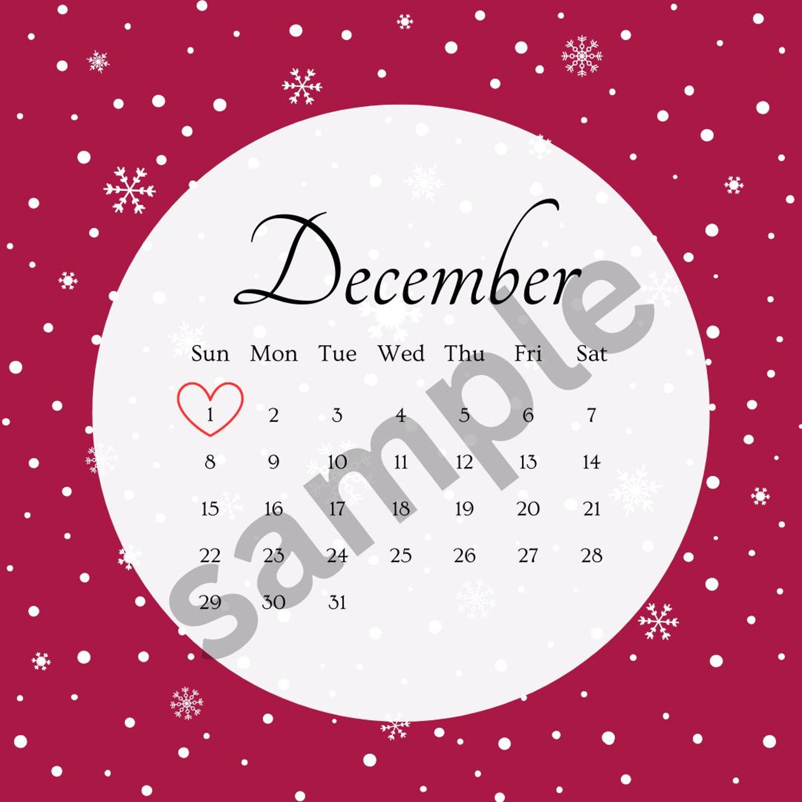 December 2024 Calendar for Cake Topper Heart Circle or Square Cake Burn ...