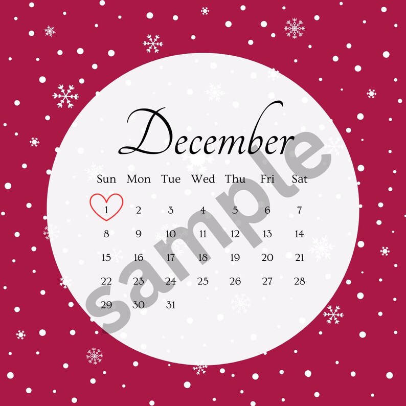 December 2024 Calendar for Cake Topper Heart Circle or Square Cake Burn ...