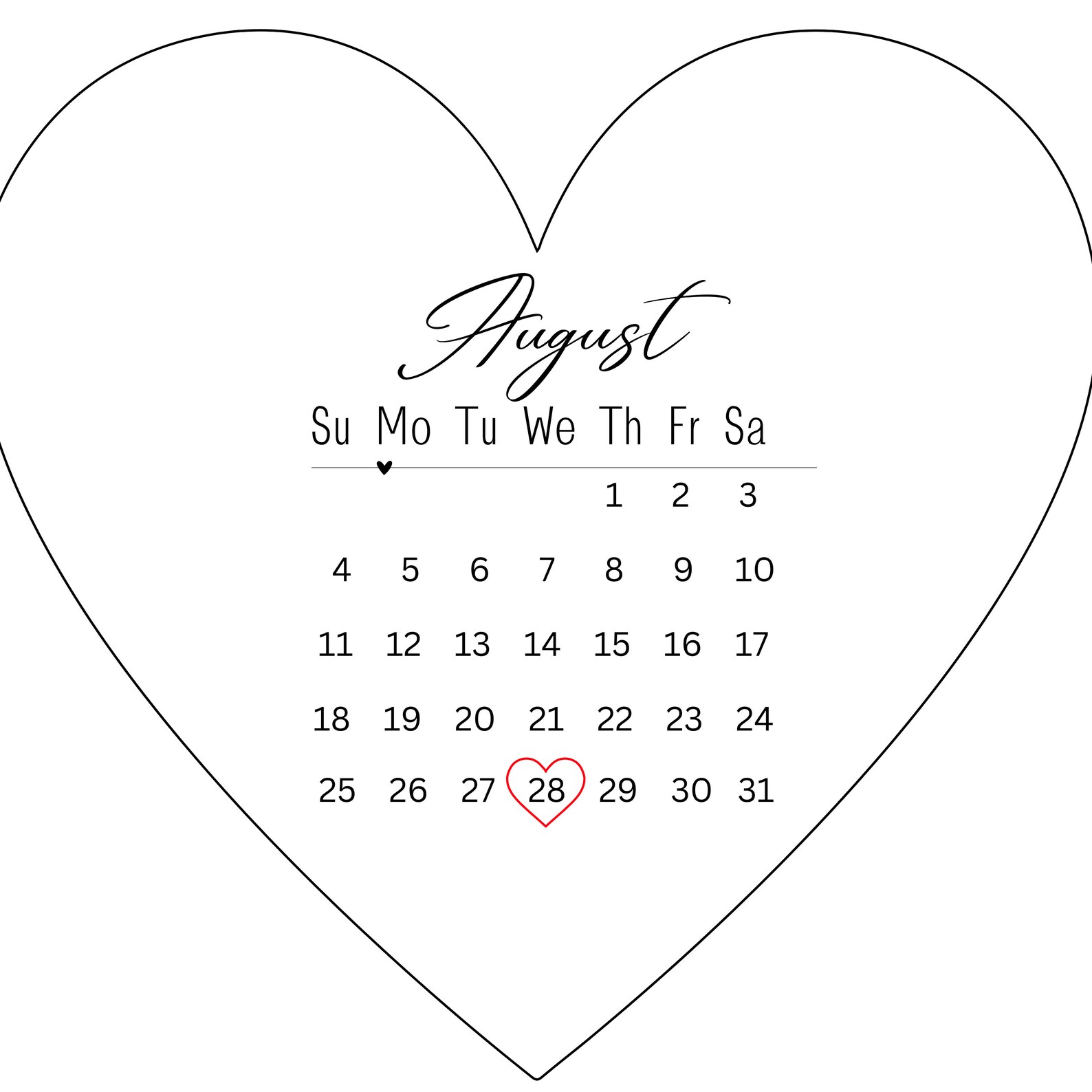 August 2024 Calendar for Calendar Heart or Circle or Square Cake Burn ...