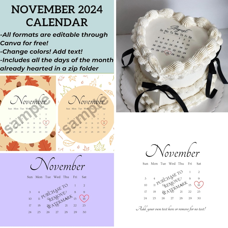 November 2024 Calendar for Cake Topper Heart Circle or Square Cake Burn ...