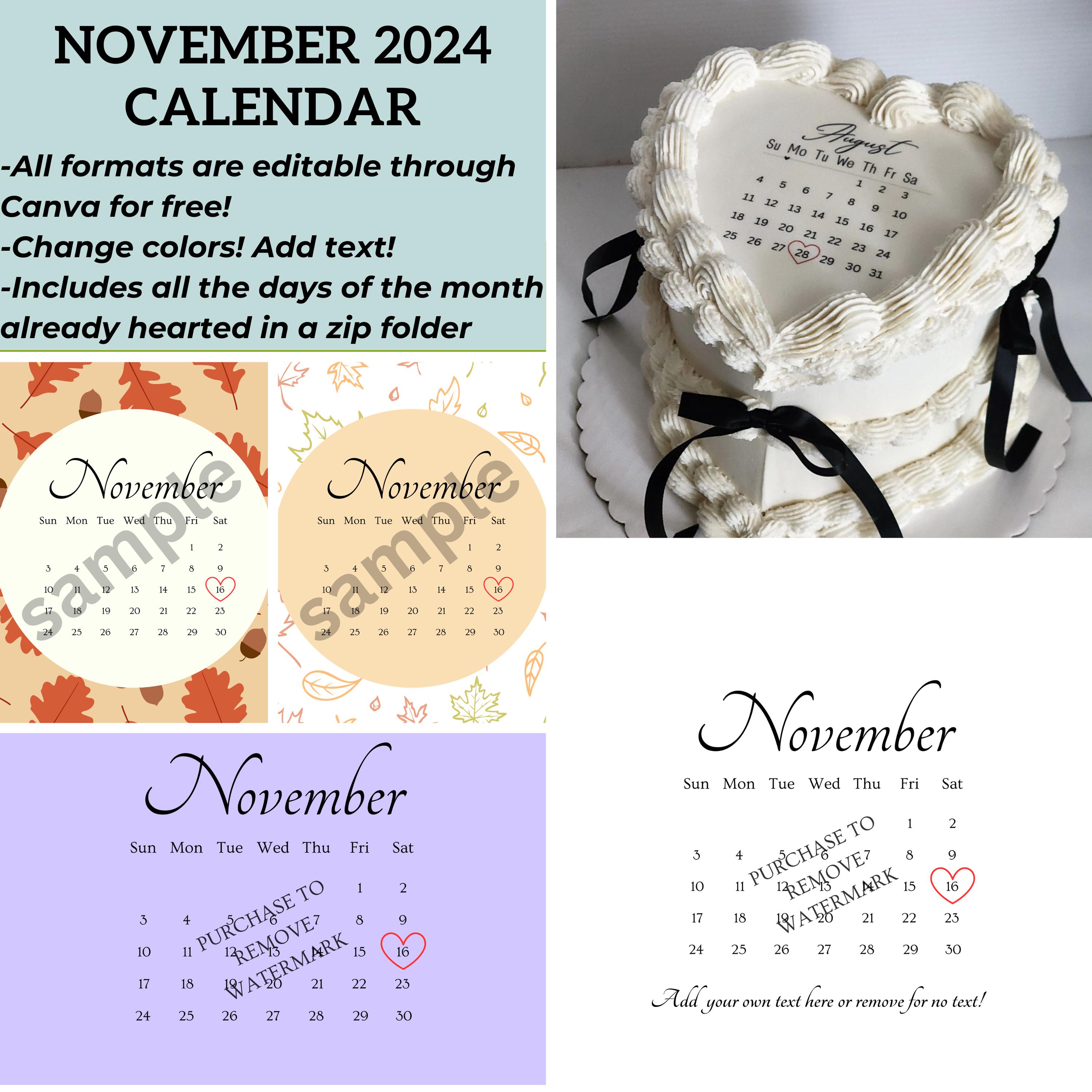November 2024 Calendar for Cake Topper Heart Circle or Square Cake Burn ...