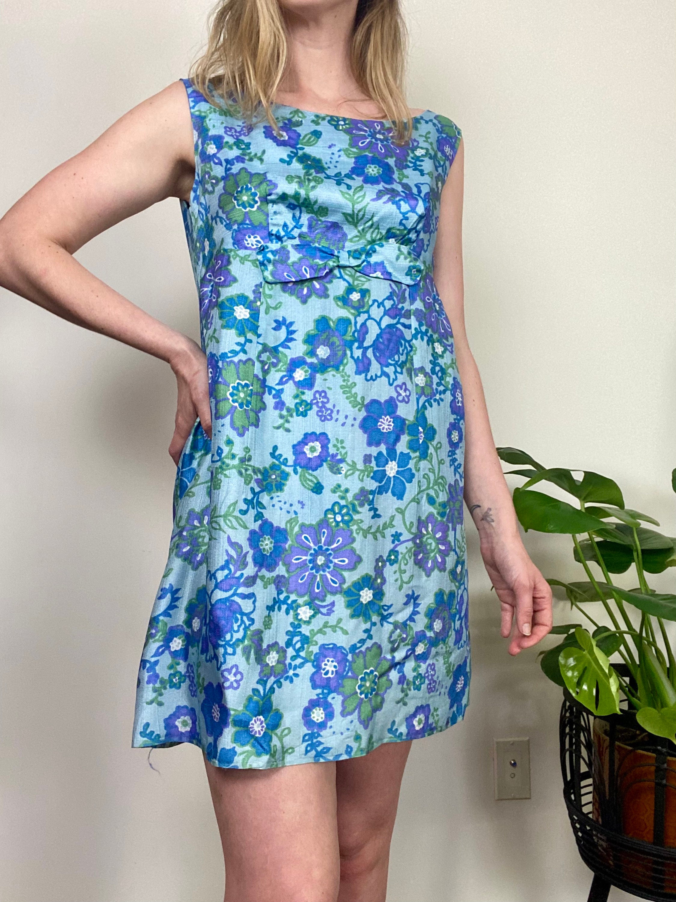 1960s Blue Satin Flower Power Mini Dress - Etsy