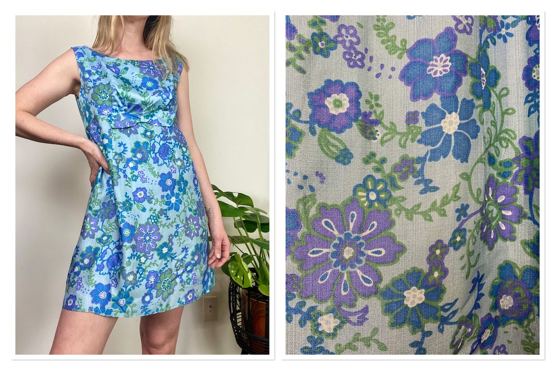 1960s Blue Satin Flower Power Mini Dress - Etsy