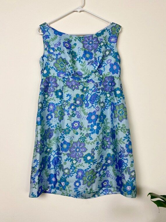 1960s Blue Satin Flower Power Mini Dress - Gem