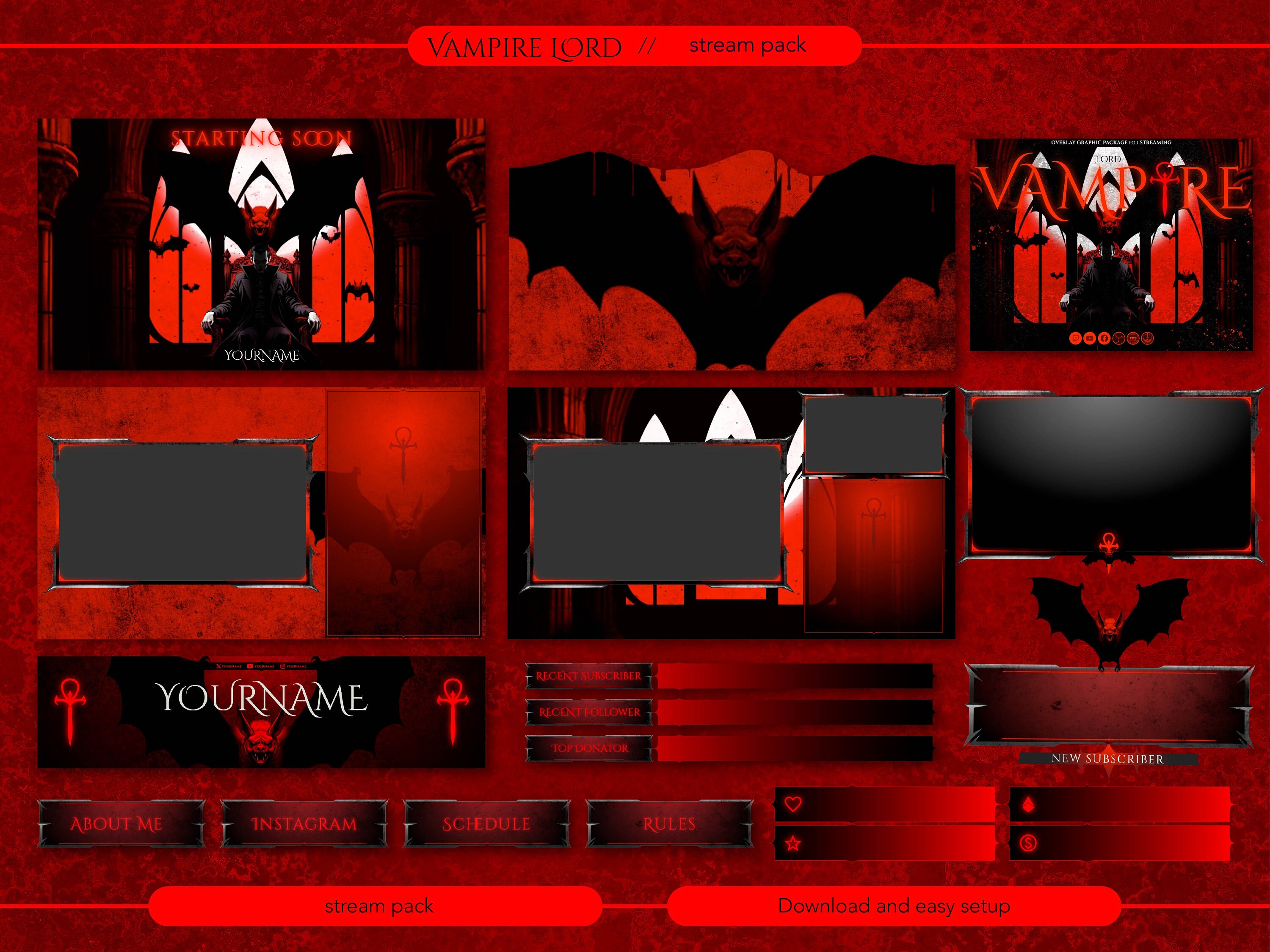 Full Animated Stream Overlay Package, Horror, Bat, Vampire Lord. Twitch Overlay, Facebook Gaming ...