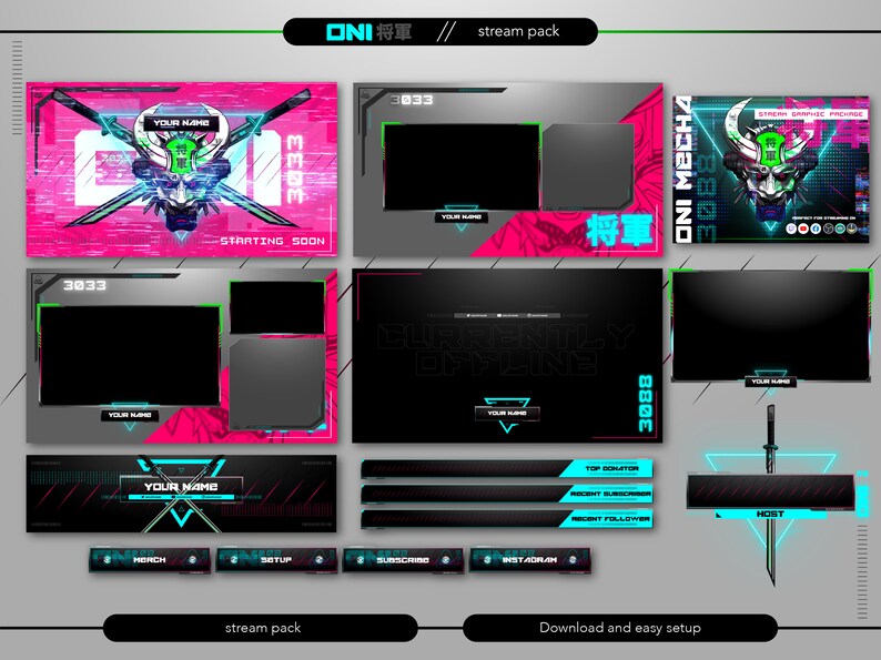 Cyberpunk Mecha Oni Full Animated Stream Overlay Graphic Package ...